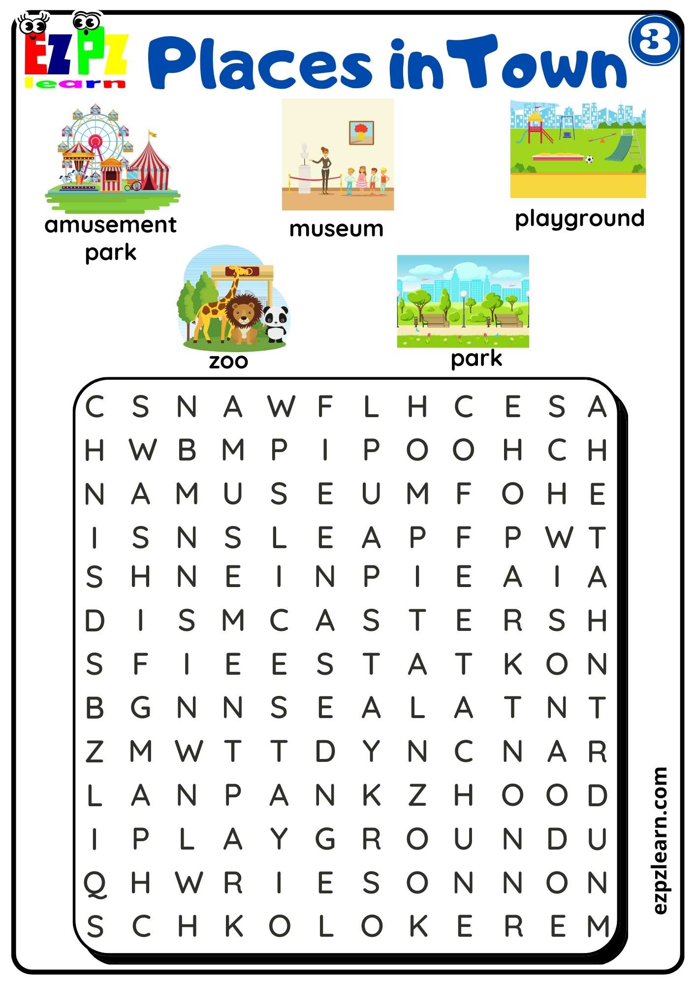 Places in The City Vocabulary Word Search Worksheet Free Download for K5 and ESL Students Group ...